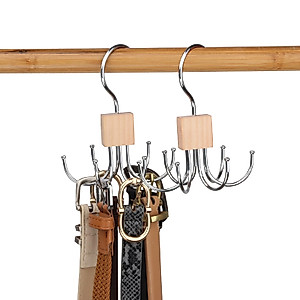 LMSAWK 2 Pieces Belt Hanger for Closet, Hanging Holder Storage Hook for Belt, Rotatable Belt Rack Closet Accessories, for Socks, Belt, Gloves, 6 Hooks, Wood Color