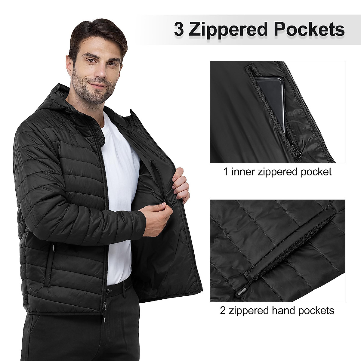 Outdoor Ventures Men's Lightweight Packable Hooded Puffer Jacket Insulated Winter Coat for Snow Ski Traveling