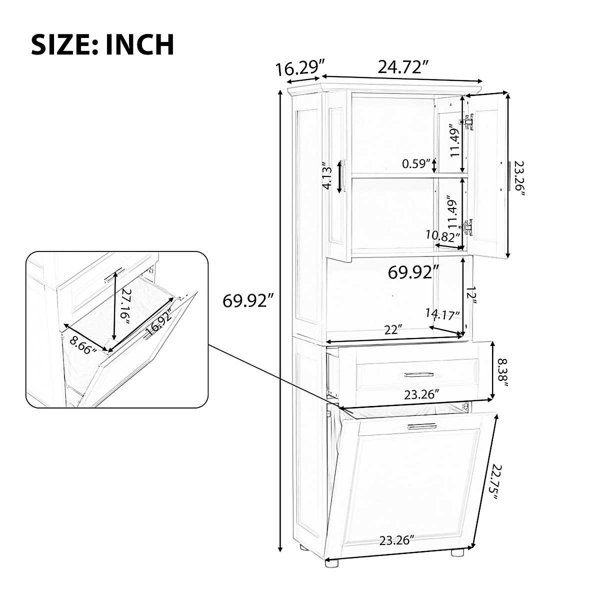 RCCFBHM Modern Bathroom High Bathroom Cabinet with Tilting Laundry Hamper with Double Door Storage and 1 Drawer, Open Storage Cabinet for Bathroom, Living Room.