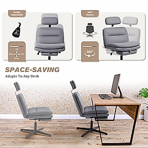 Flamaker Desk Chair Comfy with Footrest & Headrest, Criss Cross Legged Office Chairs No Wheels, Fabric Modern Armless Swivel Adjustable Vanity Chair