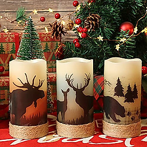 GenSwin Flameless Flickering Led Candles with Hemp Rope and 6H Timer, Battery Operated Set of 3 Real Wax Pillar Rustic Candles Warm Light with Deer, Moose, Bear Decals Decor Christmas Home(D3 x H6)