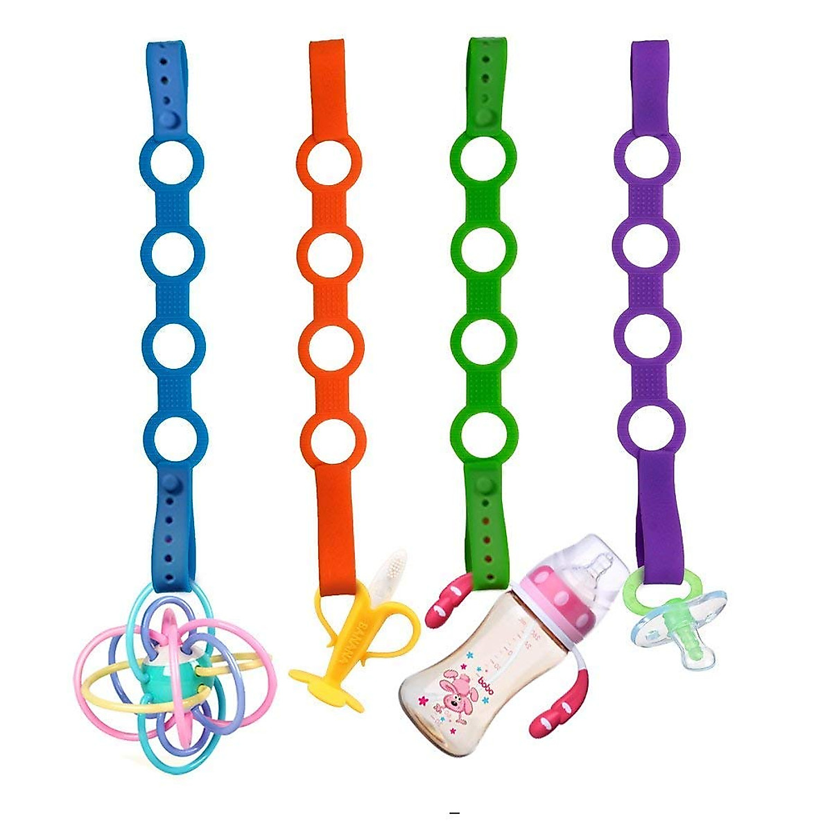 4PK Toy Safety Straps, Stretchable Silicone Pacifier Clips Baby Toddler Bottle Toy Harness Straps for Strollers, High Chair, Shopping Trolley,Cars,Hanging Baskets,Cribs,Bags