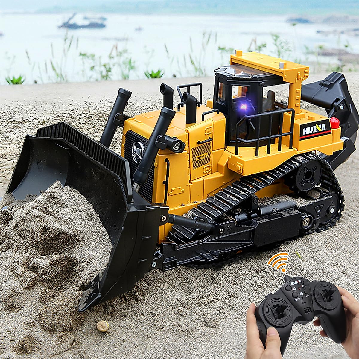 fisca Remote Control Bulldozer RC 1/16 Full Functional Construction Vehicle, 2.4Ghz 11 Channel Dozer Front Loader Toy with Light and Sound for Kids Age 6, 7, 8, 9, 10 and Up Years Old