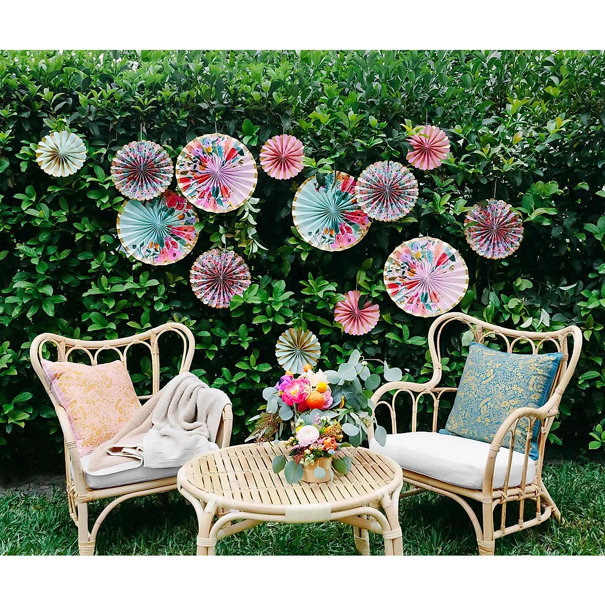 RIFLE PAPER CO. Fans | Set of 6 Durable Decorative Paper Fans, Different Sizes, Includes Adhesive Strips, Paperclips, and String, Displays as Backdrop, Garden Party