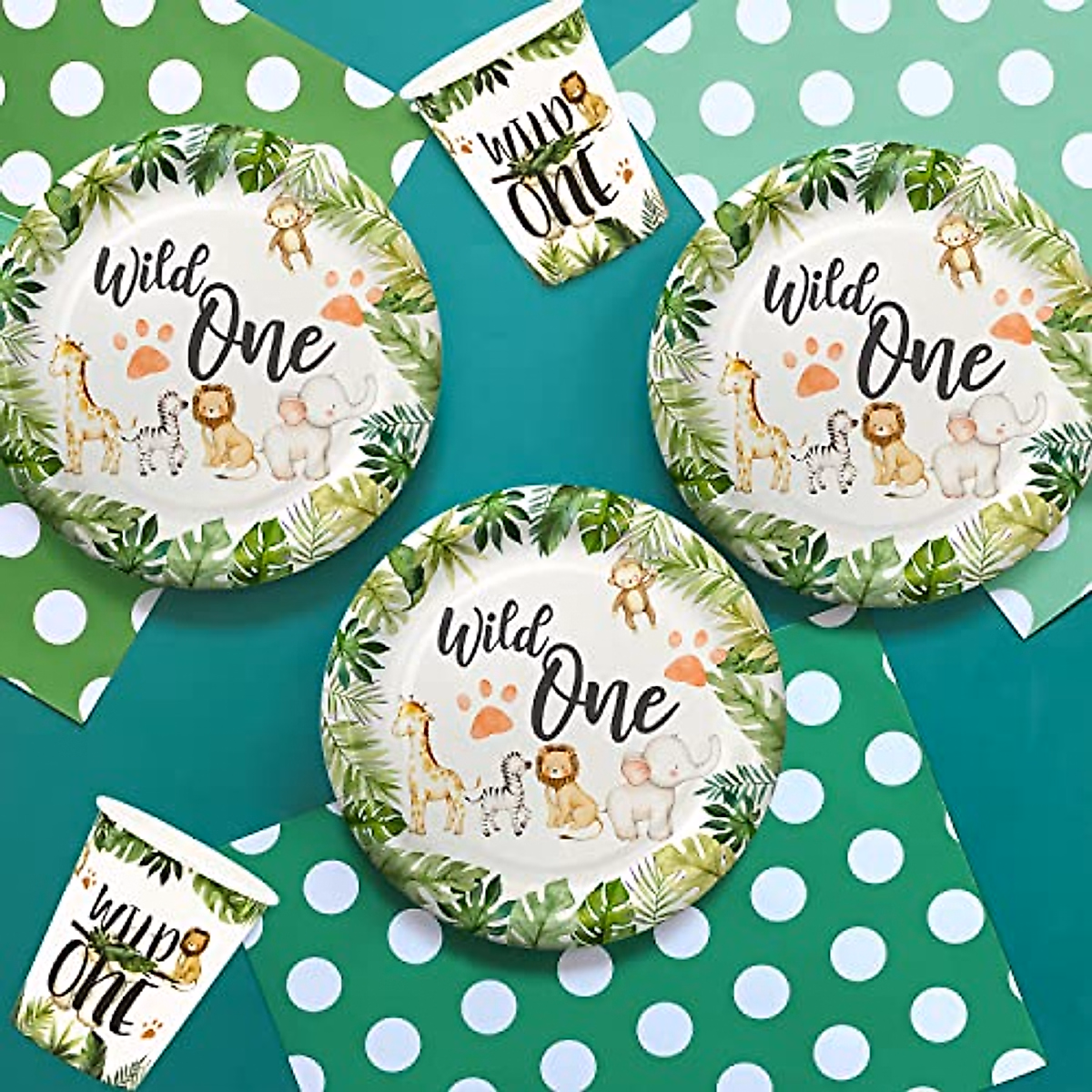 FVABO Wild One Birthday Decorations - Jungle Theme Party Supplies Tableware Includes Plates, Cup, Napkin, Balloon, Backdrop, Tablecloth, Straw, Cutlery, Banner, Safari Theme 1st Birthday Decorations