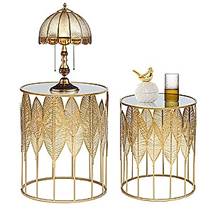 Homebeez End Tables Set of 2, Gold Nesting Side Coffee Table Decorative Round Nightstands (Stainless Steel Top)