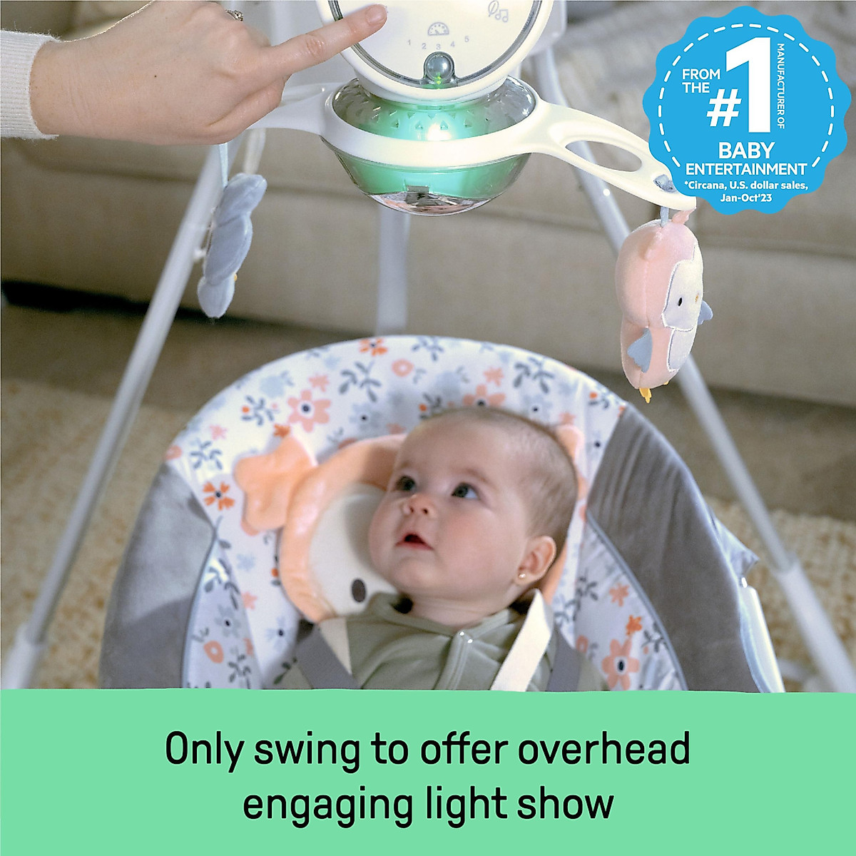 Ingenuity InLighten 5-Speed Baby Swing - Swivel Infant Seat, 5 Point Safety Harness, Nature Sounds, Lights - Nally Owl