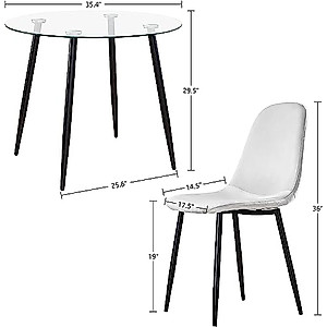 STYLIFING Dining Table Set for 4 Modern 5 Pieces Dining Room Set Mid Century Round Tempered Glass Kitchen Table and 4 Light Grey Modern Velvet Fabric Upholstered Kitchen Chair with Metal Legs