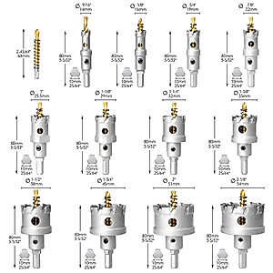 YOSIGHT 13Pcs Upgrade Heavy Duty Carbide Hole Saw Kit - Metal Steel Hole Saw Drill Bits TCT Hole Cutter with 1Pc Center Drill 2Pcs L-Wrench - Hole Saw Set for Metal, Steel, Iron, Alloy, Copper