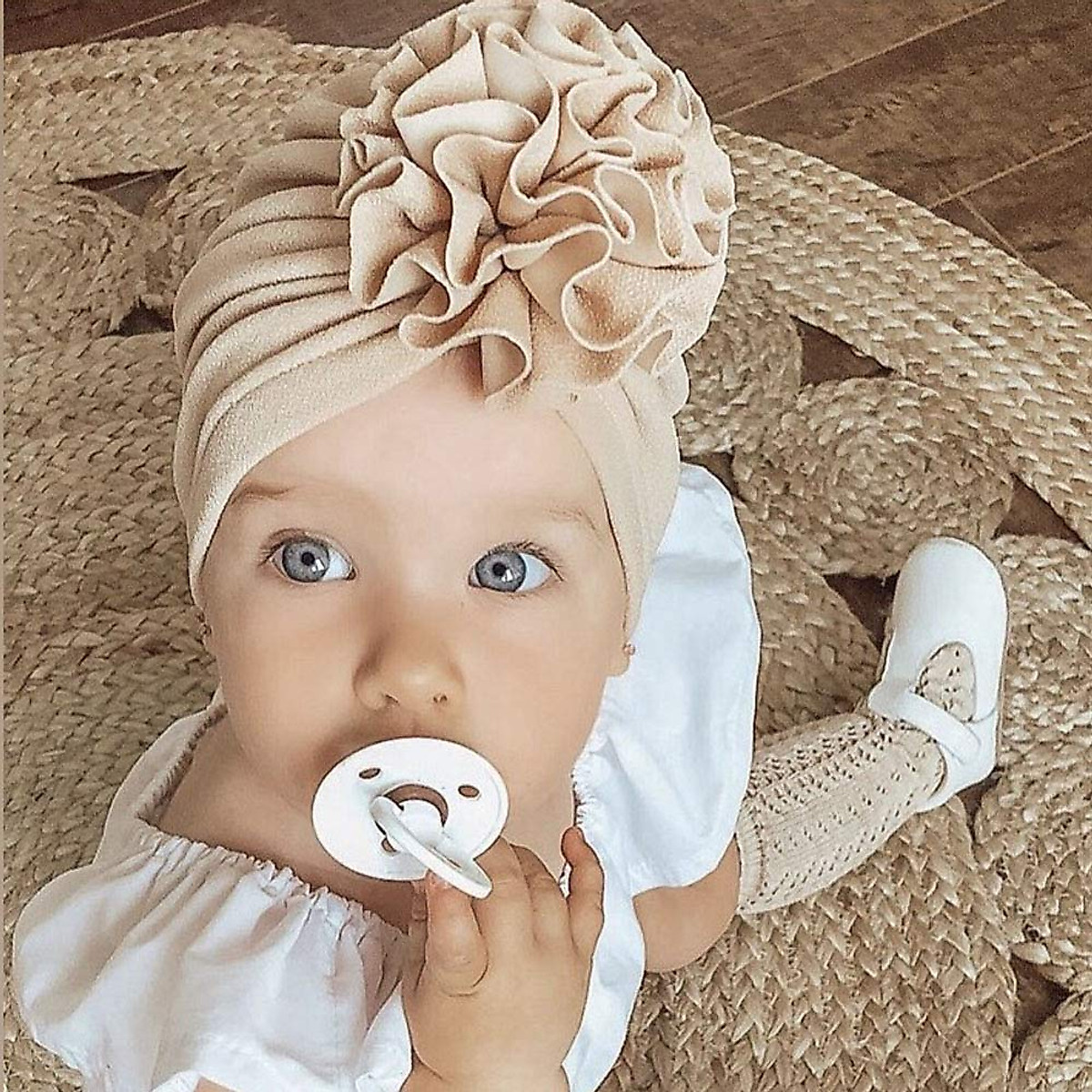 inSowni 8 Pack Solid Nursery Hospital Turban Hat Cap Beanie Bonnet with Big Flower for Baby Girls Toddlers Newborns Infants