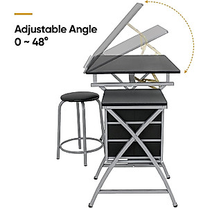 BBBuy Drafting Table Drawing Desk Art Craft Adjustable Tabletop Craft Table w/ 3 Slide Drawers and Stool Set Art Design Workstation for Writing, Painting, Sketching for Home Office, Black