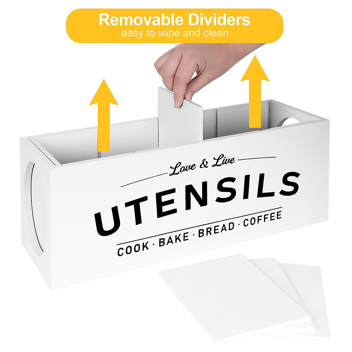 AiMQnLe Extra Large Utensil Holder - 4 Compartments Kitchen Utnesil Organizer, Wooden Cooking Utensil Crock for Kitchen Countertop, Kitchen Counter Decor (White