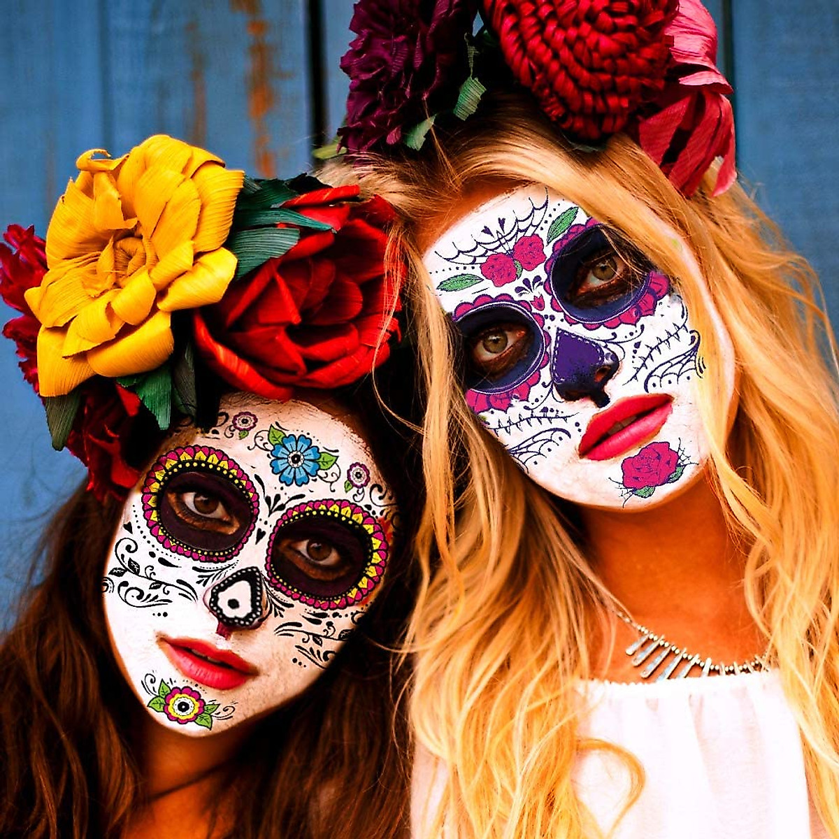 Day of the Dead Face Tattoos - 10 Sheet Halloween Temporary Tattoos Face Sticker Kit Día de Los Muertos Glitter Red Roses Skeleton Sugar Skull Fake Tattoo for Halloween Makeup on Face Body Men Women