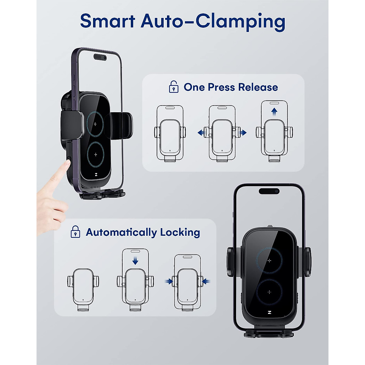 Wireless Car Charger, ZEEHOO DUOXX Dual Coils 15W Fast Charging Auto-Clamping Car Mount, Dash& Vent Wireless Car Phone Charger Holder for iPhone 15 14 13 12, Samsung Z Flip 4 3, S23+, etc