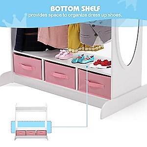 Kids Armoire Dress-Up Storage w/Mirror and Drawers,Dress up Closet,Costume Dress up Wardrobe,Pretend Storage Closet for Kids w/Side Pocket Top Shelf Shoes Storage for Bedroom Girls Room, White