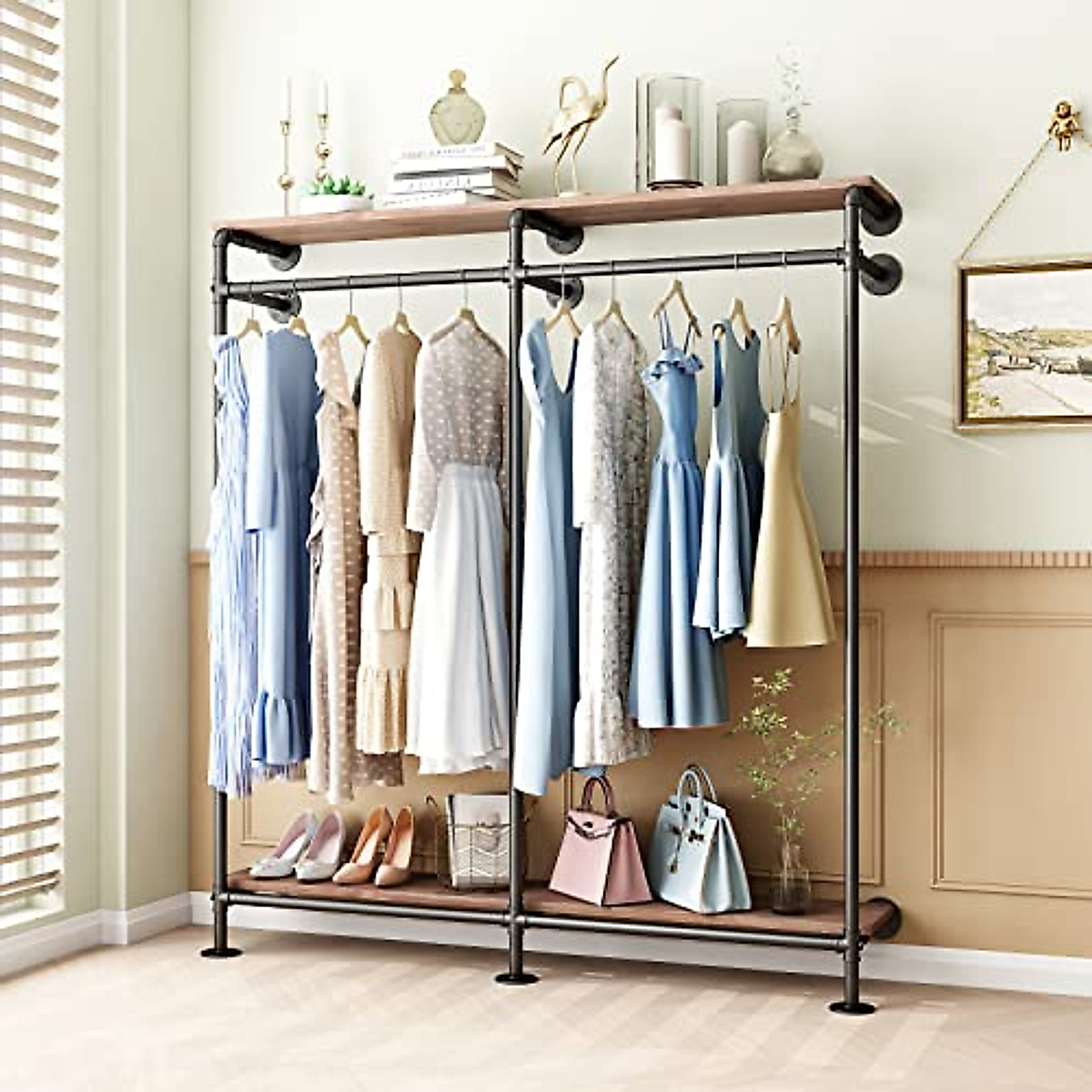 IronJiaZu Industrial Pipe Clothes Racks with 2 Shelves, Industrial Pipe Black Clothing Rack with Double Hanging Rods, Heavy Duty Wall Mounted Clothing Rack Rod for Closet Storage, Bedroom