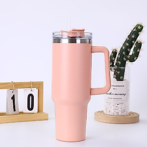 40oz Tumbler With Handle And Straw,Insulated Stainless Steel Double Wall Spill Proof Water Bottle water bottle hot and cold tumbler thermal mug Tumbler with Handle Gifts for Women Men (light pink)