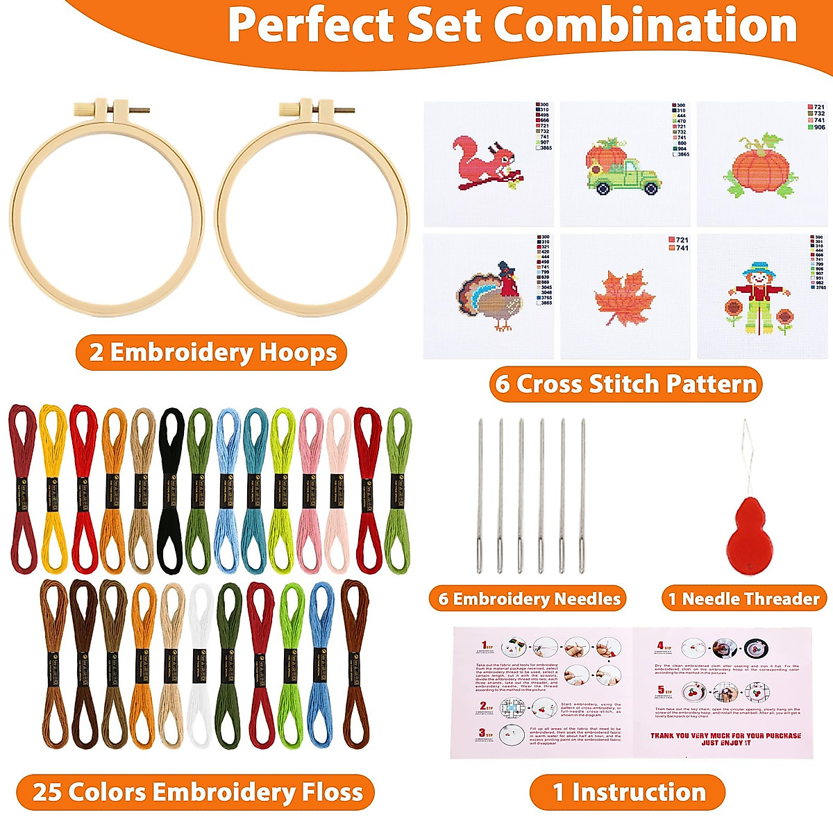 ZOIIWA 6PCS Fall Cross Stitch Kits for Beginners Autumn DIY Embroidery Kit for Kids Adults Fall Thanksgiving Gift Turkey Pumpkin Maple Leaf Truck Squirrel Scarecrow Craft Needlepoint Starter Supplies