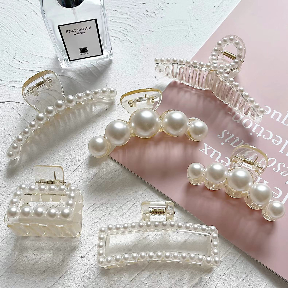 Sisiaipu 6 Pcs Large Pearl Claw Clips for Thick Hair for Wedding Nonslip Jaw Clips Hair Styling Gift And Accessories for Women and Girls, White