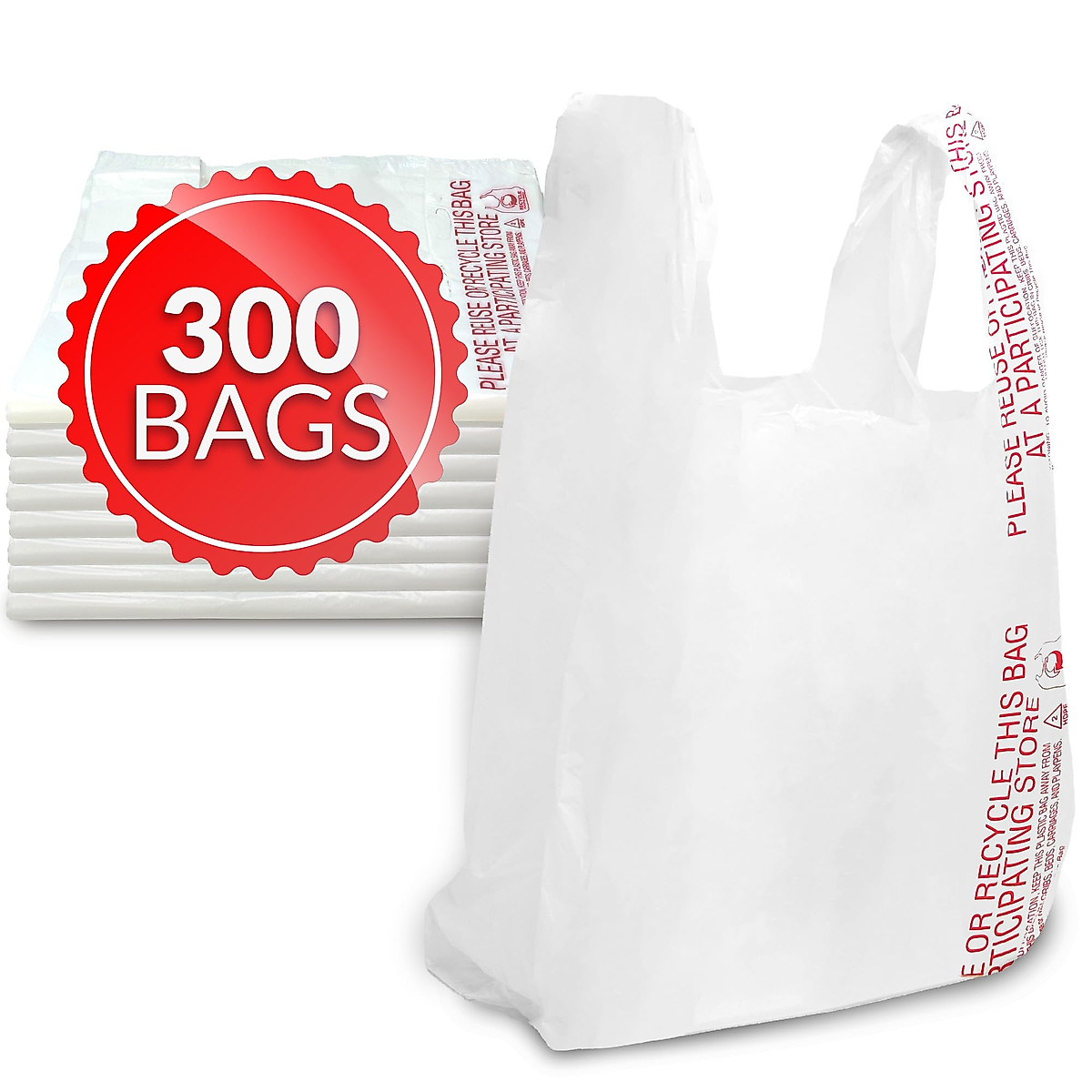Reli. T-Shirt Bags (300 Count) Plastic Bags - Bulk Grocery & Shopping - White T-Shirt Sacks in Bulk (11.5" x 6.5" x 21")