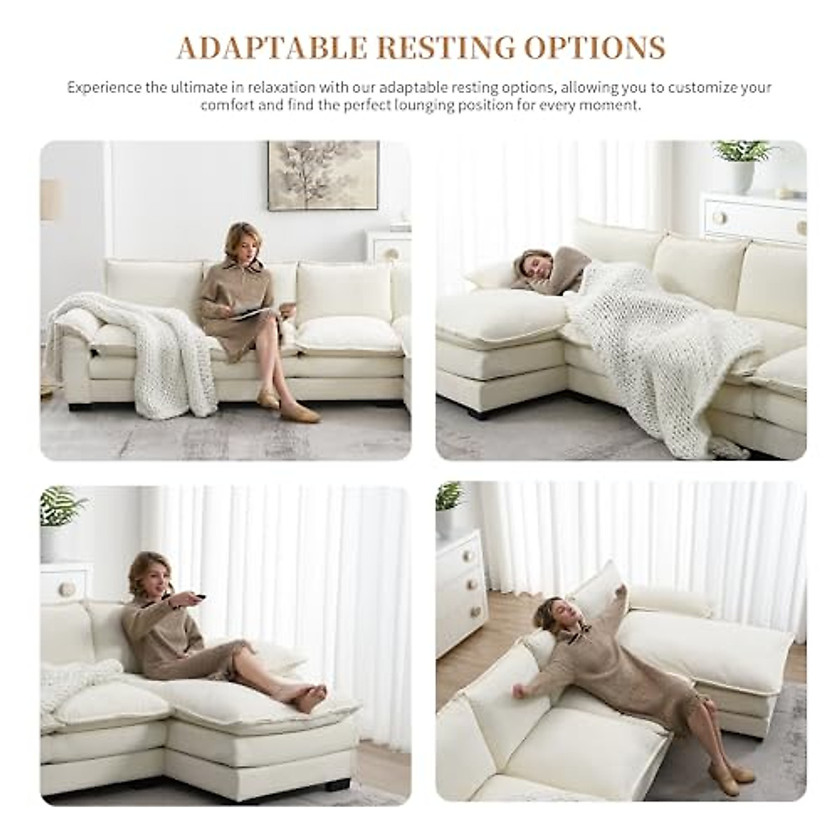 L Shape Sectional Couch for Living Room Sets, 118" 5-Seat Sofa Couch with Chaise Lounge, Chenille Cloud Sofa with Double Seat Cushions, Sleeper Sofa Couch for Apartment, Studio, Office, Beige