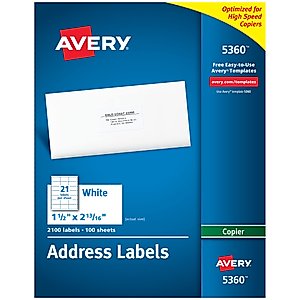 Avery Printable Address Labels for Copiers, 1-1/2" x 2-13/16", White, 2,100 Blank Mailing Labels (05360)