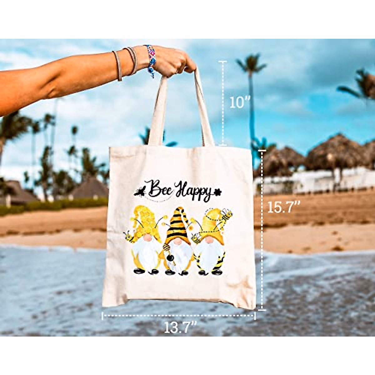 GXVUIS Bee Happy Canvas Tote Bag for Women Cute Gnomes Reusable Travel Grocery Shoulder Shopping Bags Girls Funny Gifts White