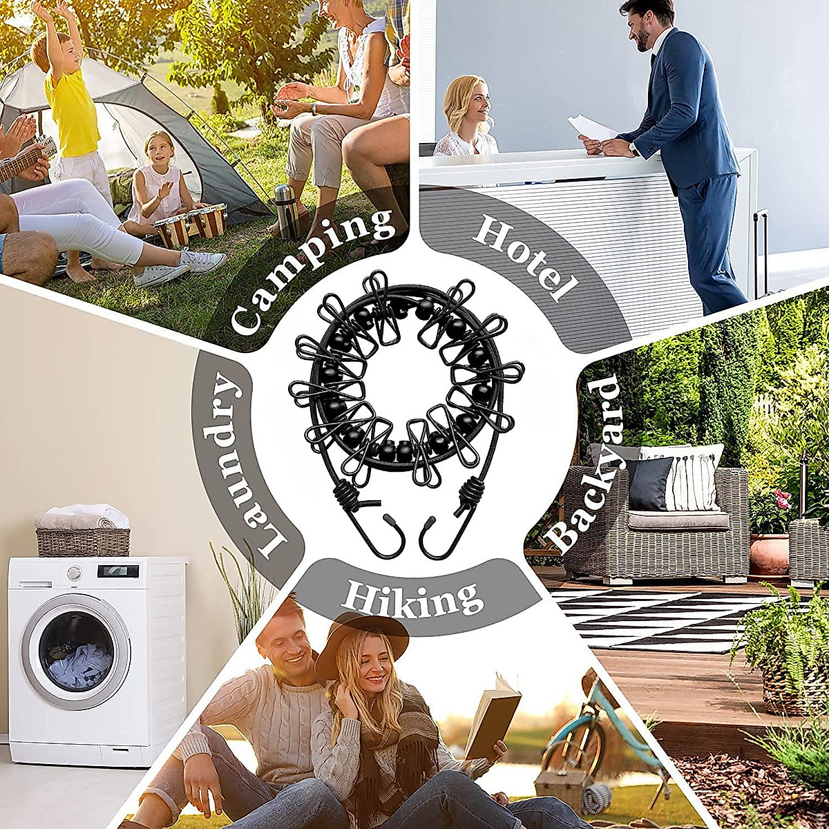 Vshinic Portablel Clothesline Retractable Clothesline,Clothesline Outdoor & Indoor Laundry Line Windproof Washing Line with Anti-Skid 12pcs Clothespins Black