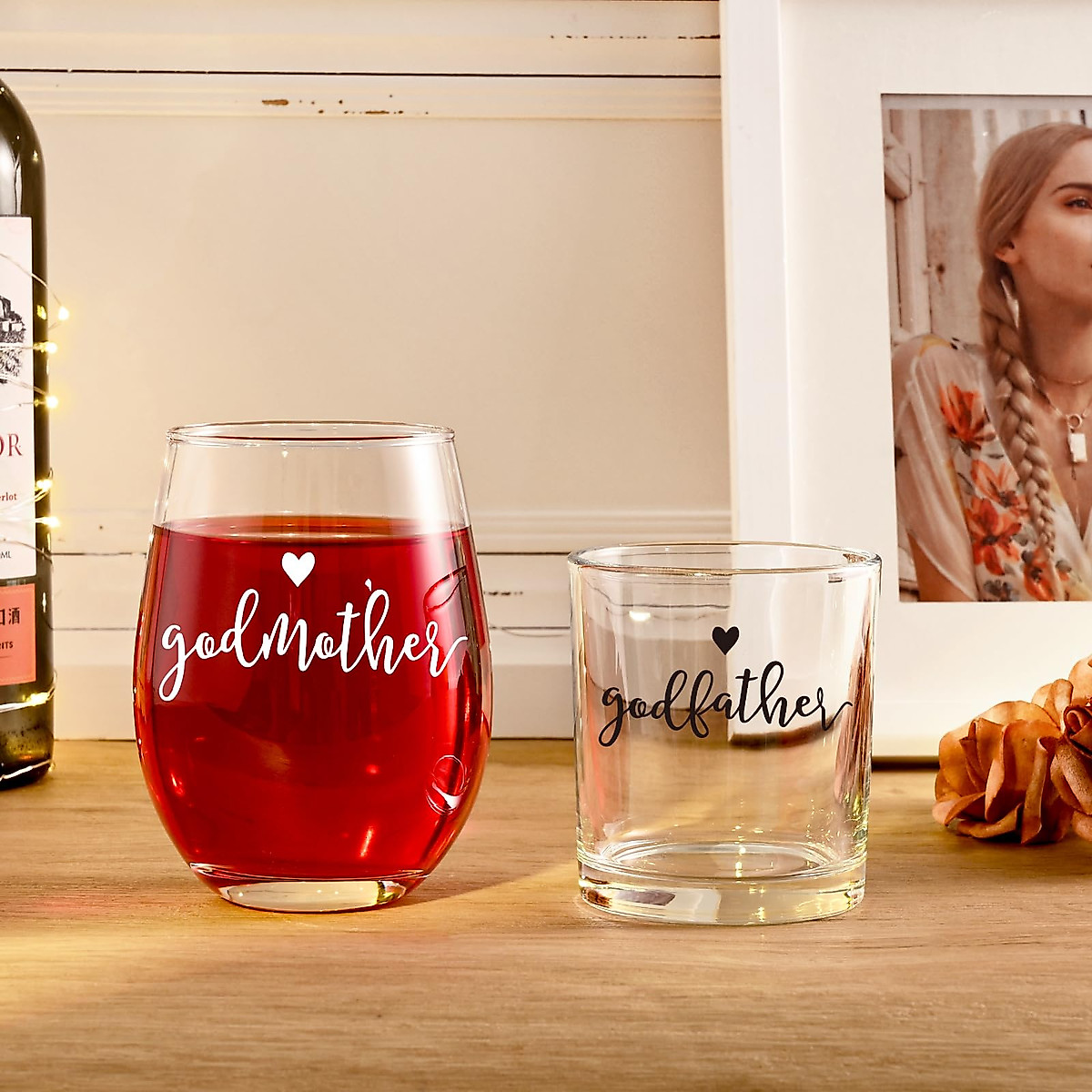 DAZLUTE Godparents Proposal Gift, Godfather Whiskey Glass Godmother Stemless Wine Glass for Godmother Godfather Mothers Day Fathers Day Christmas Birthday, Baptism Gift for Godparents from Godchild