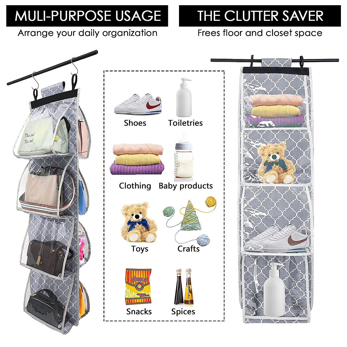BeeGreen Purse Organizer for Cloest Handbag Storage Bag Hanging Purse Holder with 8 Clear Pockets & 2 Swivel Hooks, Grey with White, 16" x 10" x1.3" for Women