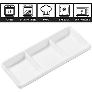 DOITOOL 2Pcs Ceramic Serving Platters, 3 Compartment Appetizer Serving Trays Snack Dishes, White Rectangular Divided Sauce Dishes for Home Kitchen, 5.8" Lx 2.4" Wx 0.8" H