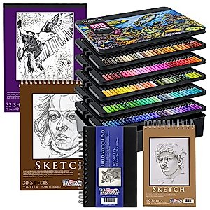 Master 150 Colored Pencil Mega Tin Set with Premium Soft Thick Core Vibrant Color Leads with 4 Different Sketching & Drawing Paper Pads - Artist Art Blending, Shading, Layering, Adult Coloring Books