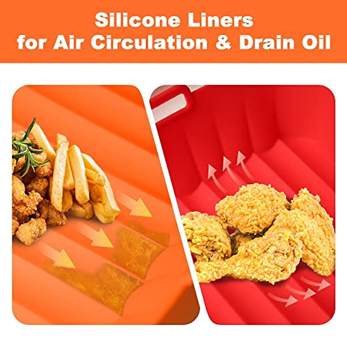 2-Pack Air Fryer Silicone Liners Square, 8.3 inch Silicone Air Fryer Basket or Liners for 4 to 8 QT Reusable Air Fryer Pot for Oven Microwave Accessories (Red+Orange)