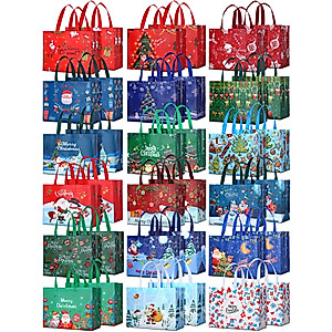 36 Pcs Christmas Tote Bags Reusable Gift Bag Large Christmas Bags with Handles Grocery Shopping Totes Gift Wrap Bags for Holiday Xmas Christmas Party Favors, 12.6'' x 9.84'' x 6.69'', 18 Styles