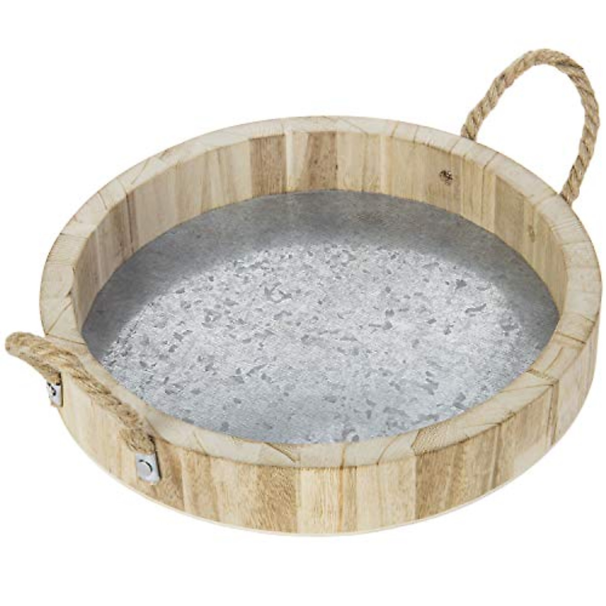 MyGift 12 Inch Round Paulownia Wood Decorative Tray with Rope Handles and Galvanized Metal Base, Large Ottoman Serving Tray for Living Room