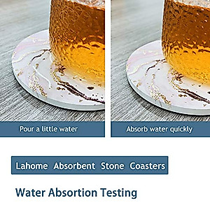 Lahome Pink Coasters for Drinks Absorbent with Holder,Set of 6 Marble Pattern Ceramic Stone Coaster Set with Cork Backing for Mugs Cups Wooden Coffee Table Protection,4 Inches