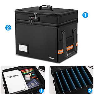 Fireproof Document Box with 13 Pockets Accordian File Organizer, ELOBOON Water-Resistant File Organizer Box with Lock, Collapsible File Storage Box Cabinet for Hanging Letter/Legal Folder, Black