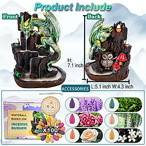 Zvaiuk Dragon Backflow 2 Sided Mountain Waterfall Incense Burner,Fountain Smoke Incense Holder with 100 Backflow Incense Cones, Tweezers, Mat，Resin Aromatherapy Meditation Decor