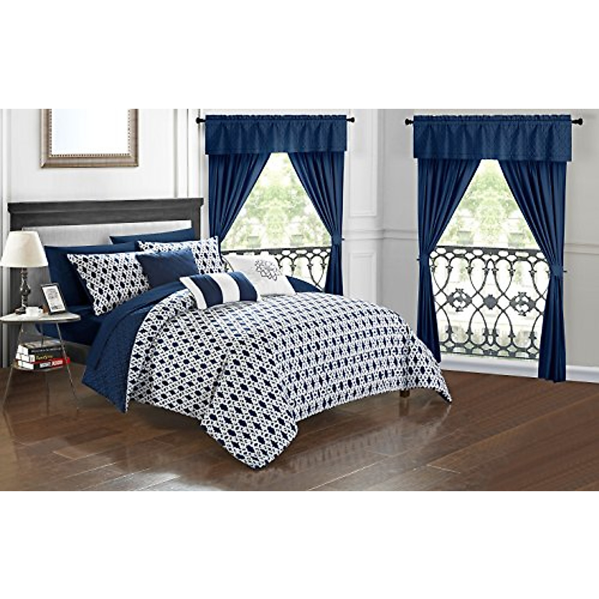 Chic Home Sigal 20 Piece Comforter Set Reversible Geometric Quilted Design Complete Bed in a Bag Bedding – Sheets Decorative Pillows Shams Window Treatments Curtains Included King Navy