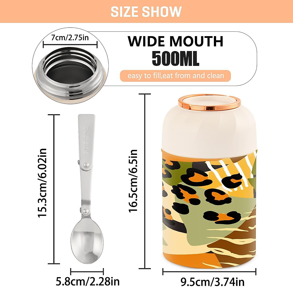 CUPADA Tropical Leaves Food Jar for Hot and Cold, Leopard Skin Insulated Food Jars Vacuum 17OZ with Folding Spoon for Work Trip Picnic Camping