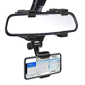 VAGURFO Rear View Mirror Phone Holder Mount, Car Phone Mount- Phone Bracket, Phone Stand with 270° Swivel and Adjustable Clips, Universal Smartphone Cradle, Black