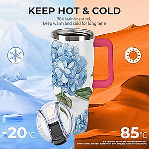 40 Oz Vacuum Tumbler with Light Rose Red Handle Leakproof Insulated Tumbler Blue Hydrangea Pattern Stainless Steel Travel Mug with Lid And Straw Coffee Cup Cute Water Bottles Cup Holder Friendly