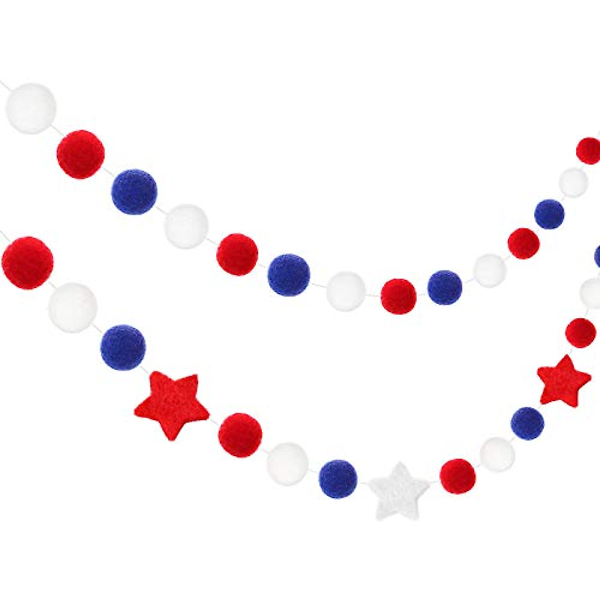 2 Pack Patriotic Felt Ball Garland Red White and Blue Pom Pom and Star Banner Garland for 4th of July Labor Day American Independence Day Home Outdoor Photo Prop Decorations