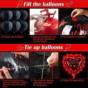 Red Heart Light Up Balloons, 6 Pack 20 Inches BoBo Bubble Transparent Helium Balloons with 10 Feet LED String Lights for Valentines Wedding Party Decoration (Red)