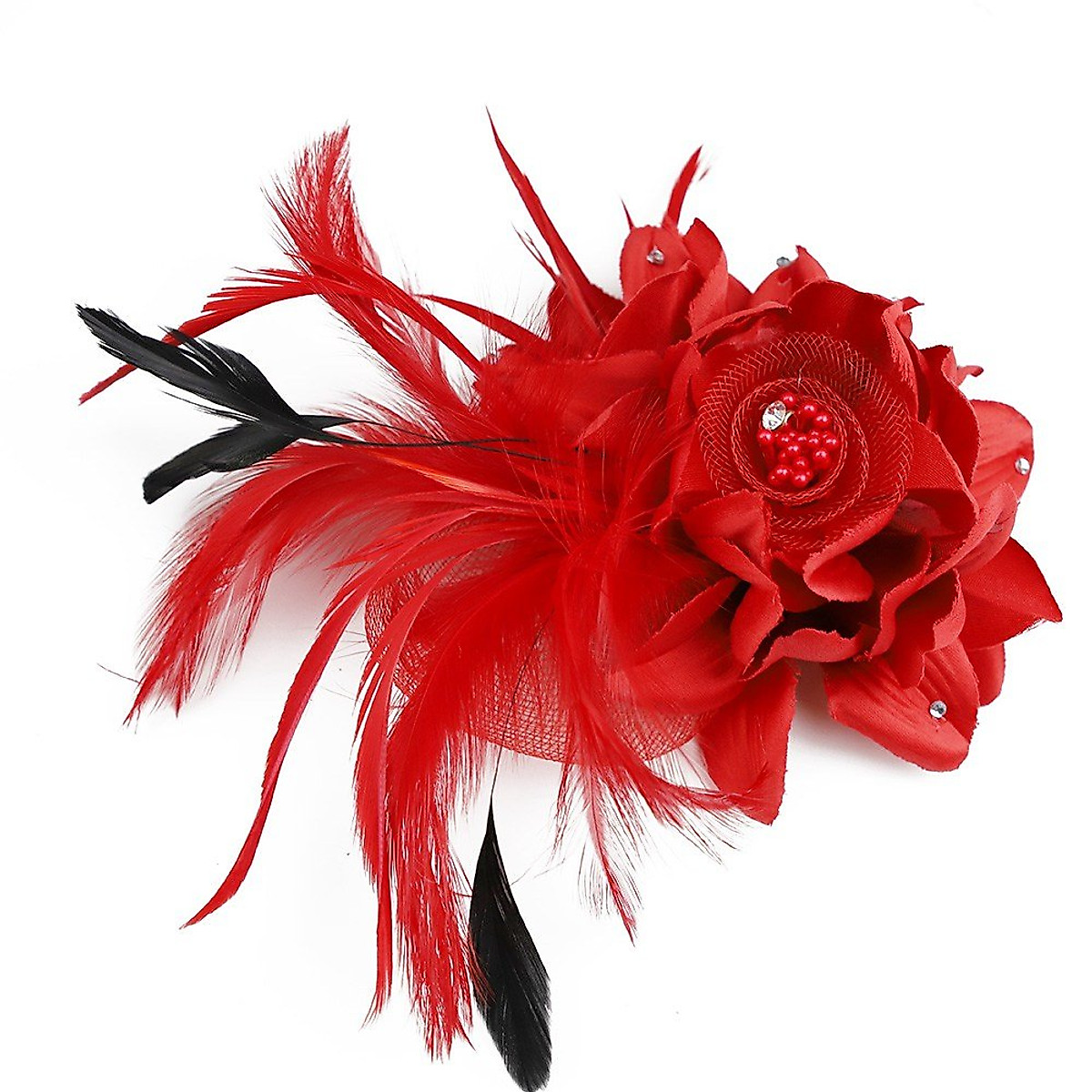 ACTLATI Charming Mesh Feather Hair Clip Women Girls Hairpin Cocktail Party Flower Barrette Fascinator Hat, Red, One Size