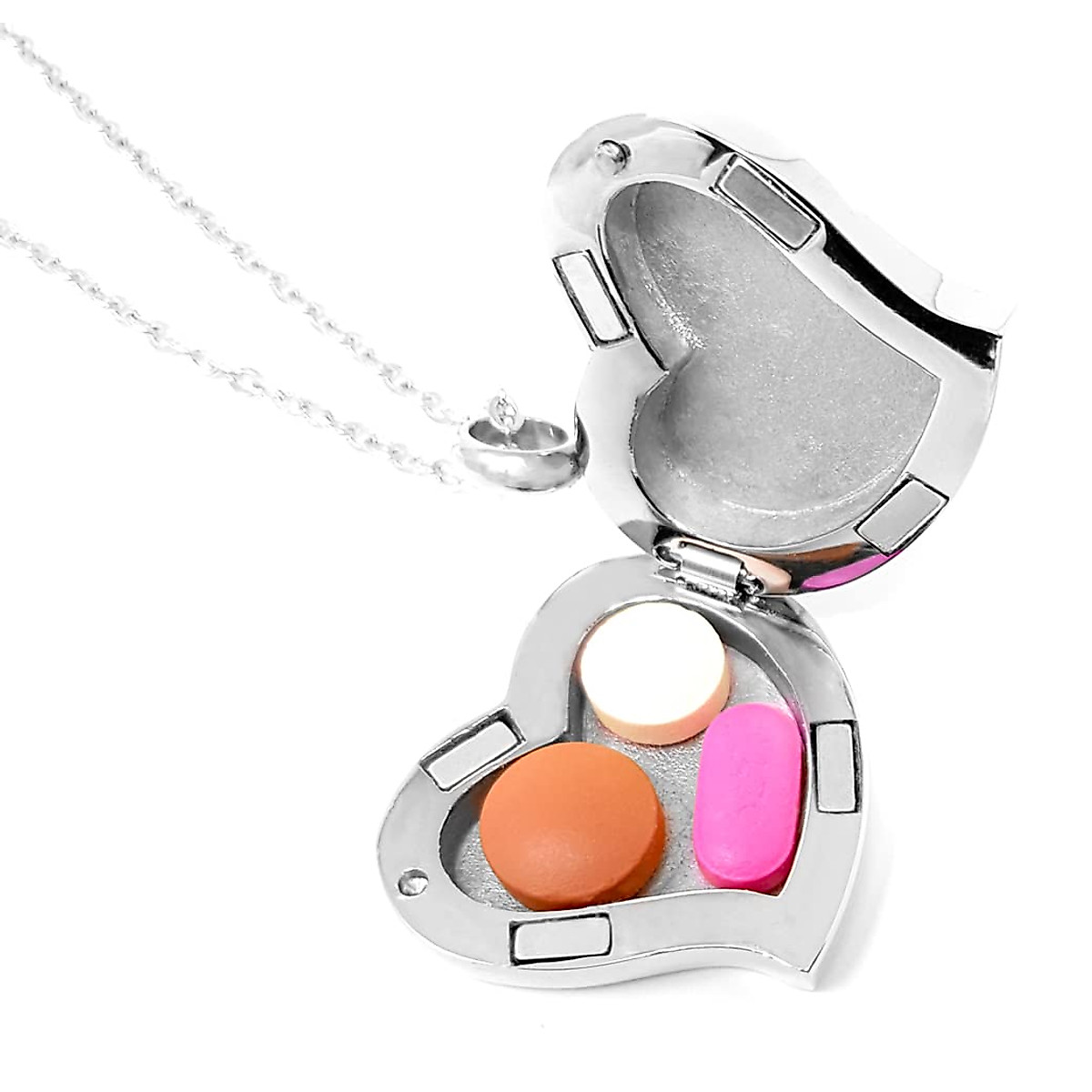 Amour Heart Pill Necklace,Polished Heart Locket with Strong Magnetic Closure,Medication Necklace,Heart Locket Necklace with 26 Inches Chain, No Gemstone