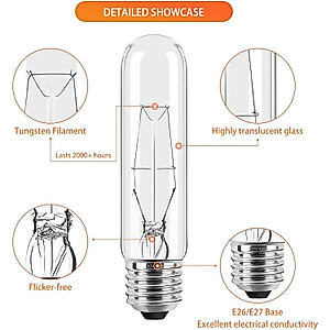6-Pack 40 Watt T10 Clear Tubular Incandescent Light Bulb, Vintage Style Showcase Bulb,Showcase lamp, 2700K Soft White, E26 Medium Base, 280 Lumens,T10 Tubular Bulb