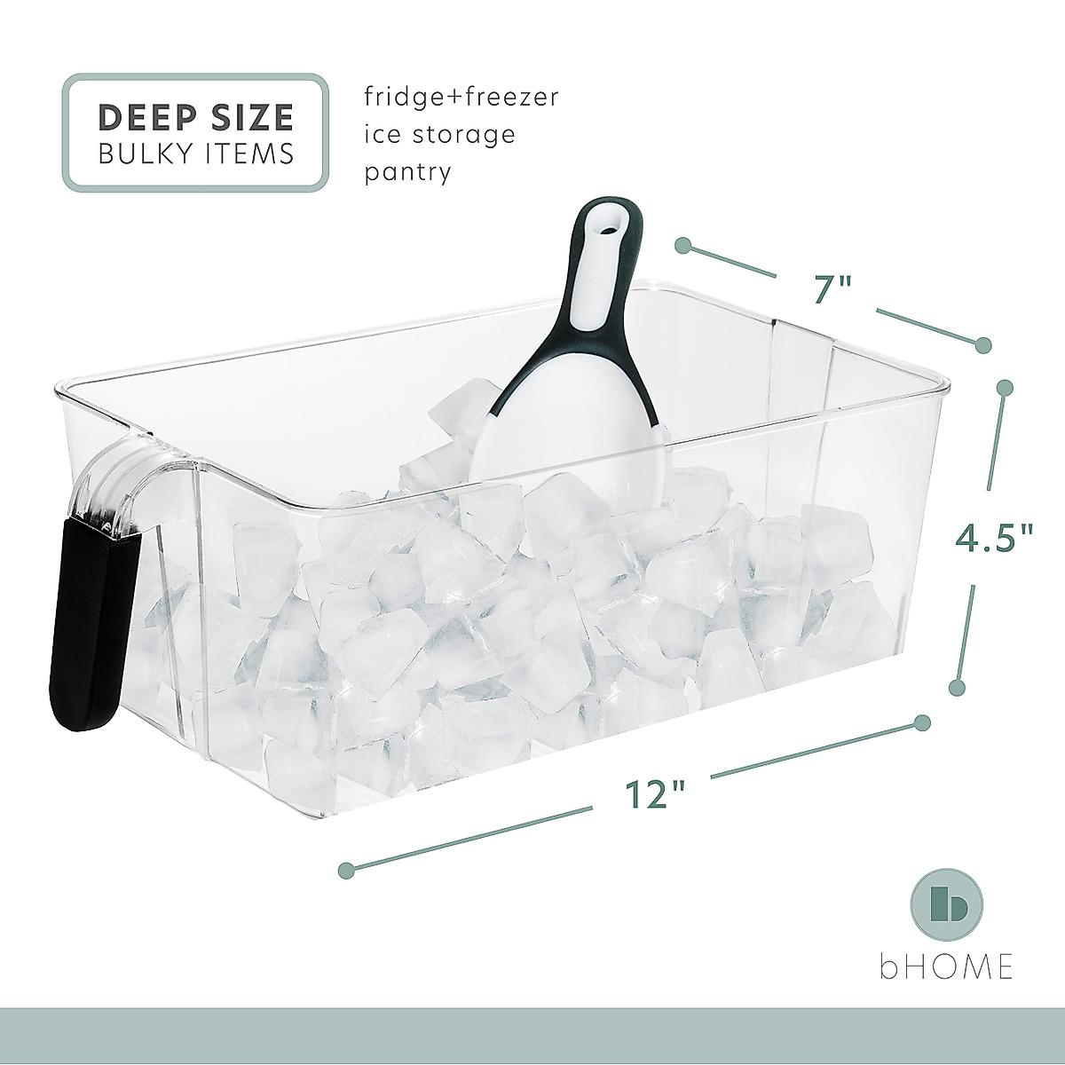 Ice Cube Tray + Ice Scoop For Freezer | Ice Bin & Flexible Scoop | BPA Free, Food Safe Ice Bucket | Clear Plastic Storage Bin, Laundry Detergent Holder, Freezer and Refrigerator Organizer Bin