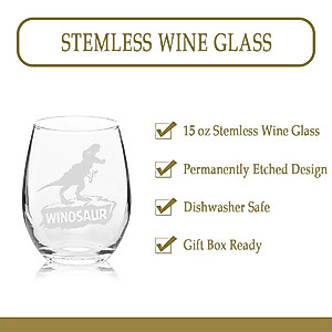 Veracco Winosaur Stemless Wine Glass Funny Birthday Gift For Wine Lover Enthusiast Dinosaur Party Favor (Stemless Glass)