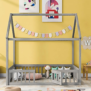 Harper & Bright Designs Grey House Bed Full Floor Bed with Fence Railings, Kids Wooden Full Size Montessori Bed Frame with Small Door for Kids, Fun Playhouse Beds, Full Size Bed Frame for Girls Boys